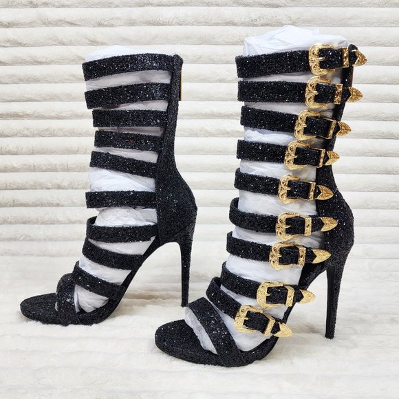 Nelly Bernal Shoes Sexy Wavy Strap Up Ankle Boots Shooties Sparkling Black Glitter Heels